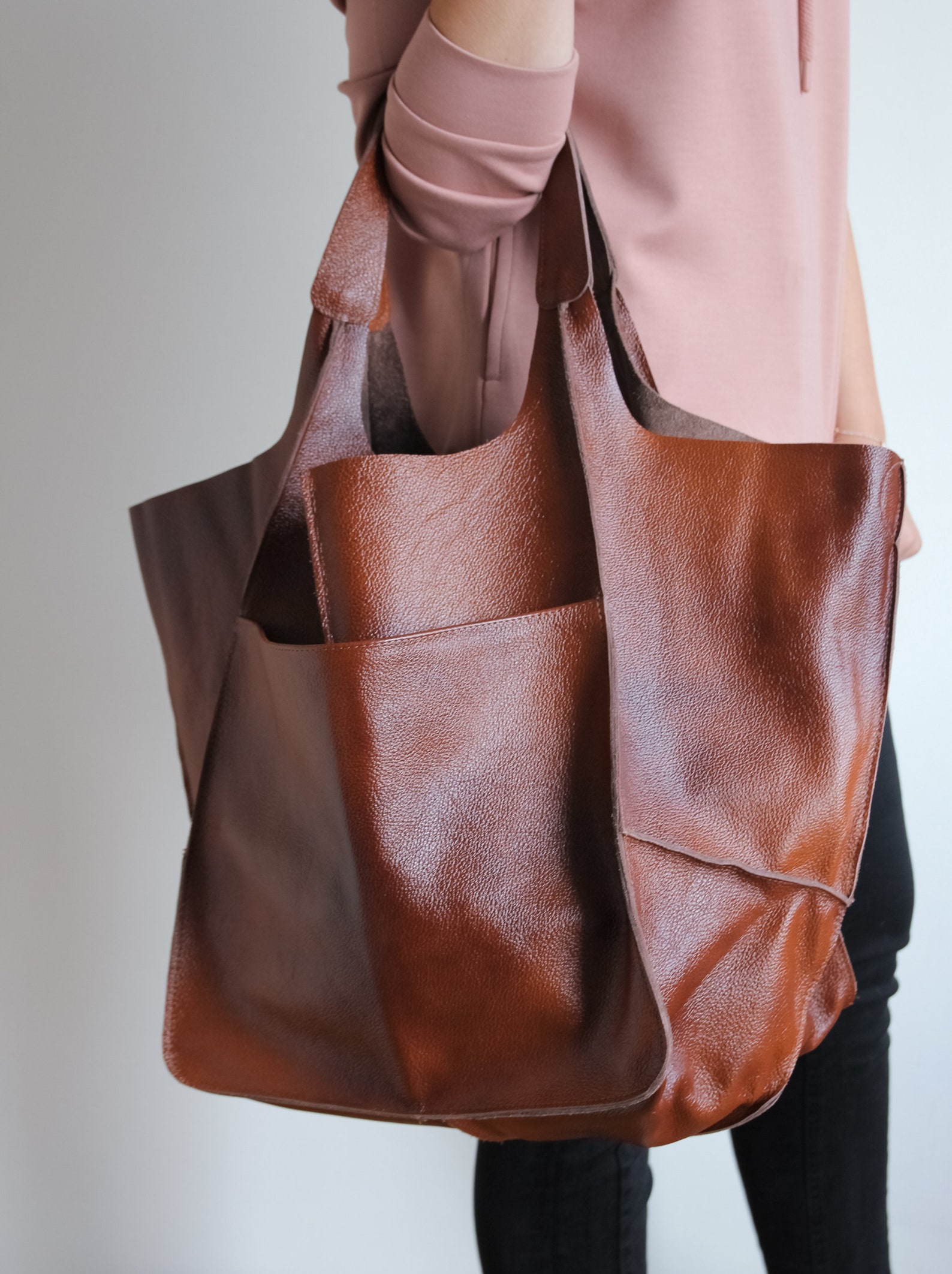 COGNAC LEATHER TOTE Bag Slouchy Tote Cognac Handbag for - Etsy