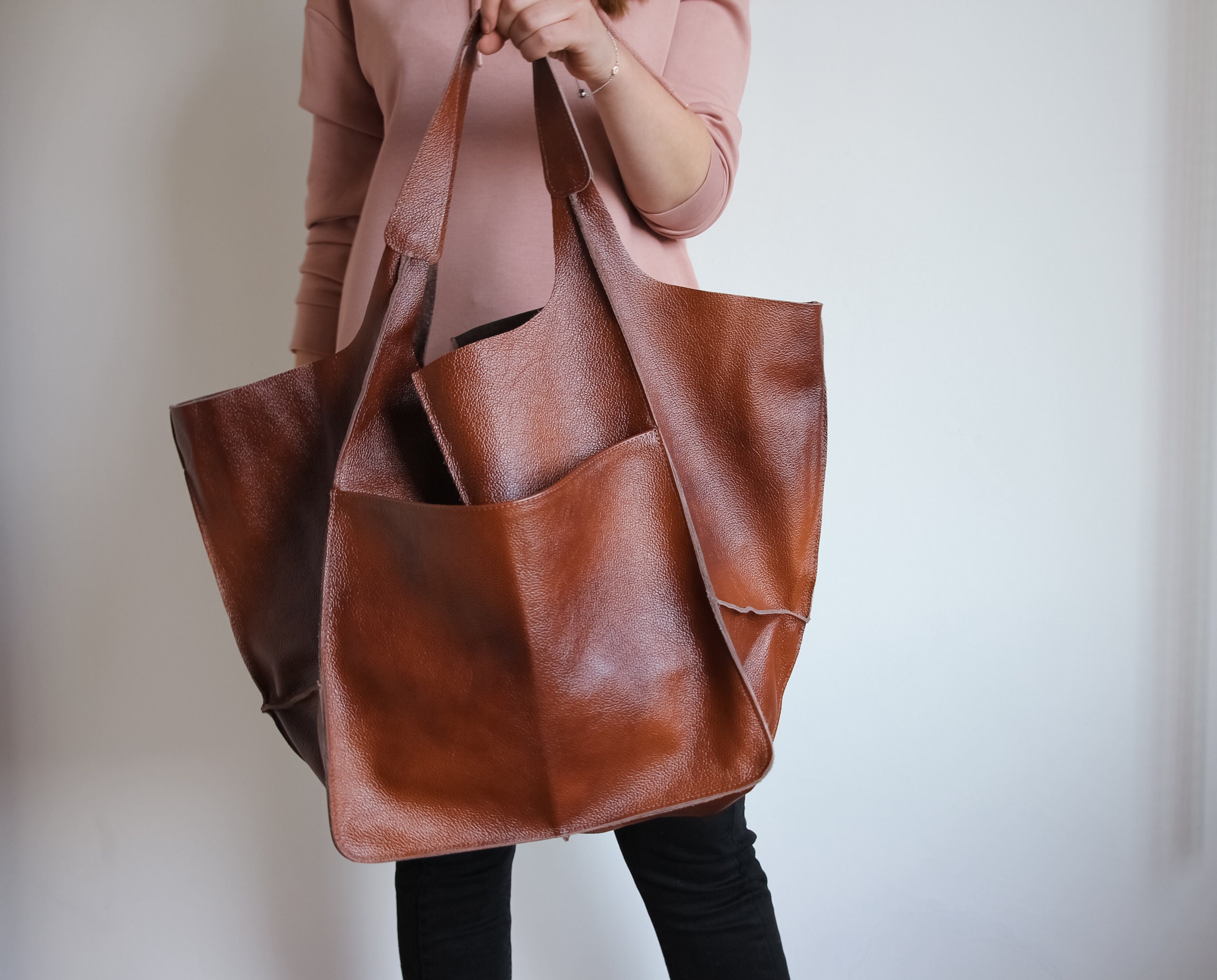 XXL Oversized Bag Cosmetic Bag LARGE Cognac Brown LEATHER | Etsy