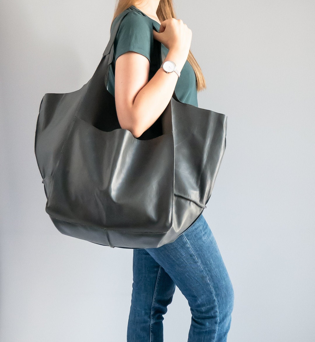 Gray LEATHER TOTE Bag, Large Slouchy Tote, Dark Grey Handbag for Women ...