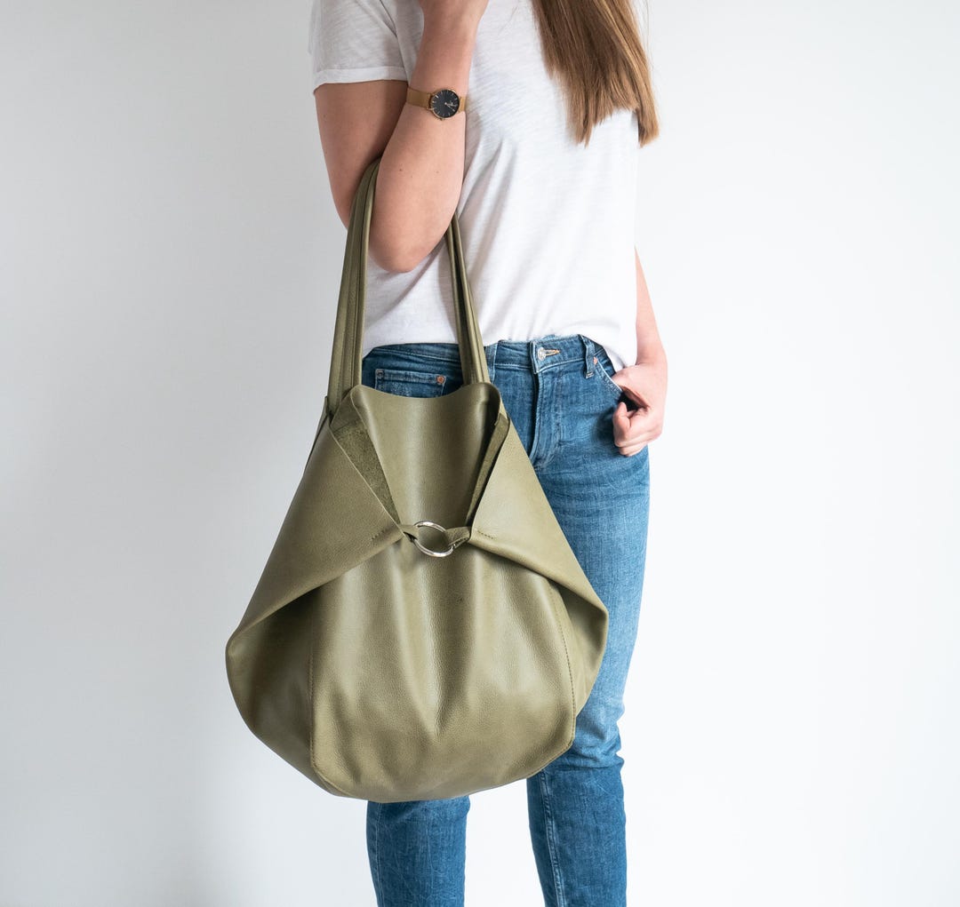 Green OVERSIZE SHOPPER Bag - Olive Green Leather Shoulder Bag - Big ...