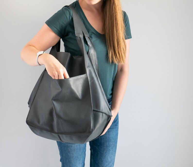 Gray LEATHER TOTE Bag Large Slouchy Tote Dark Grey Handbag | Etsy