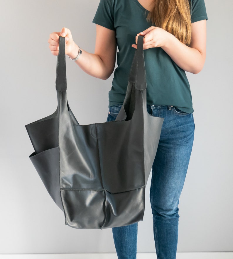 Gray LEATHER TOTE Bag Large Slouchy Tote Dark Grey Handbag - Etsy