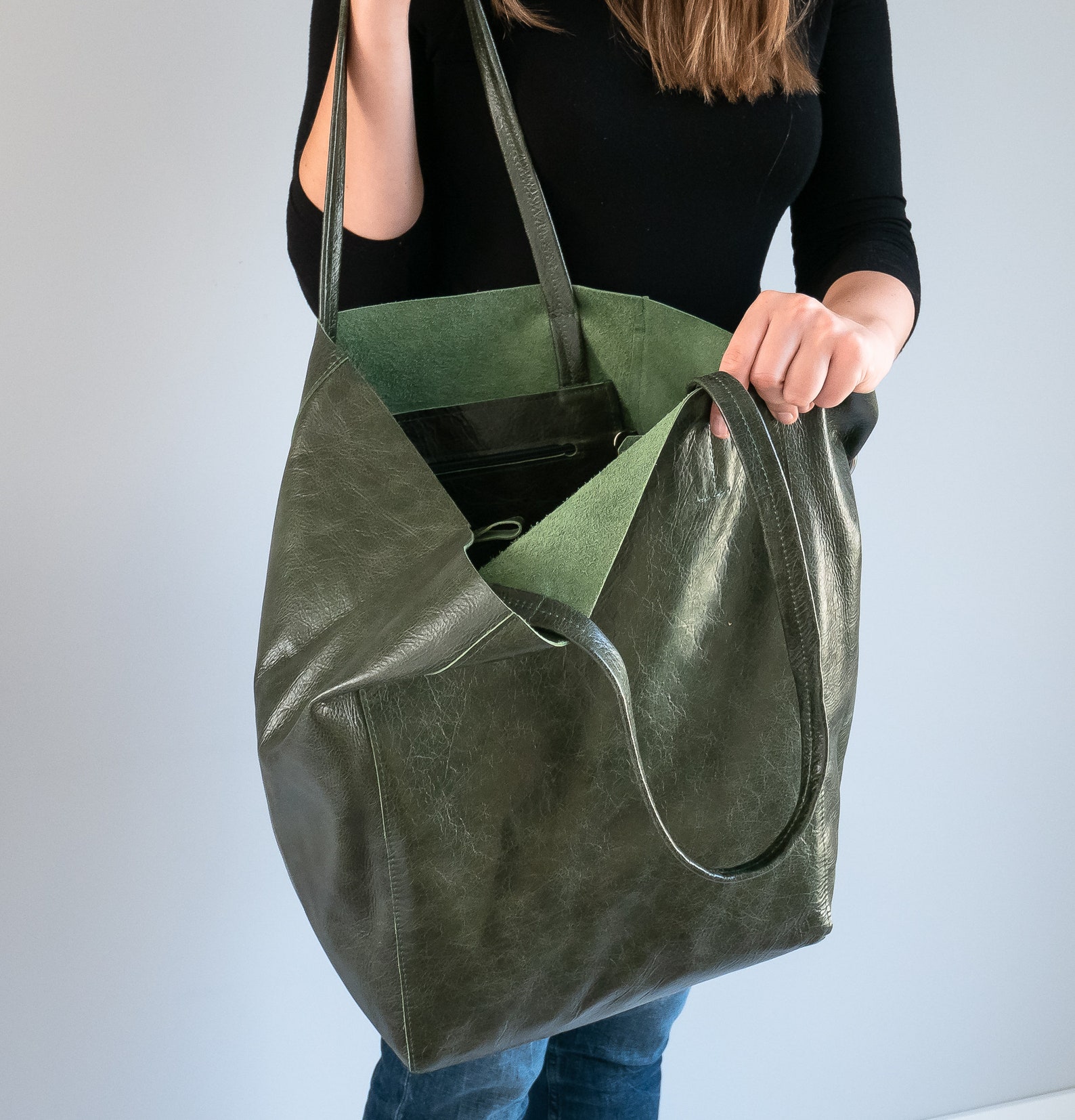 Dark GREEN OVERSIZE SHOPPER Bag - Large Tote - Big Tote Bag - Shopping ...