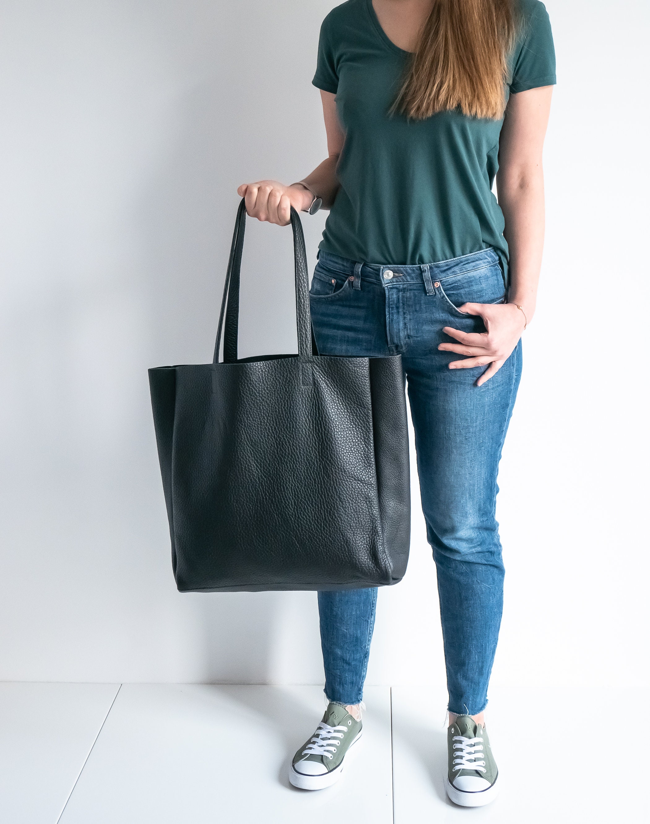 LARGE BLACK Shoulder Bag Black Leather Shopper Bag Big Tote - Etsy