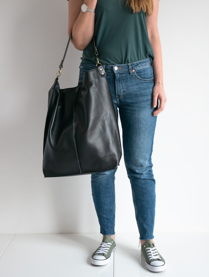 BLACK Leather Oversized HOBO Bag Large Shopper Bag Black - Etsy