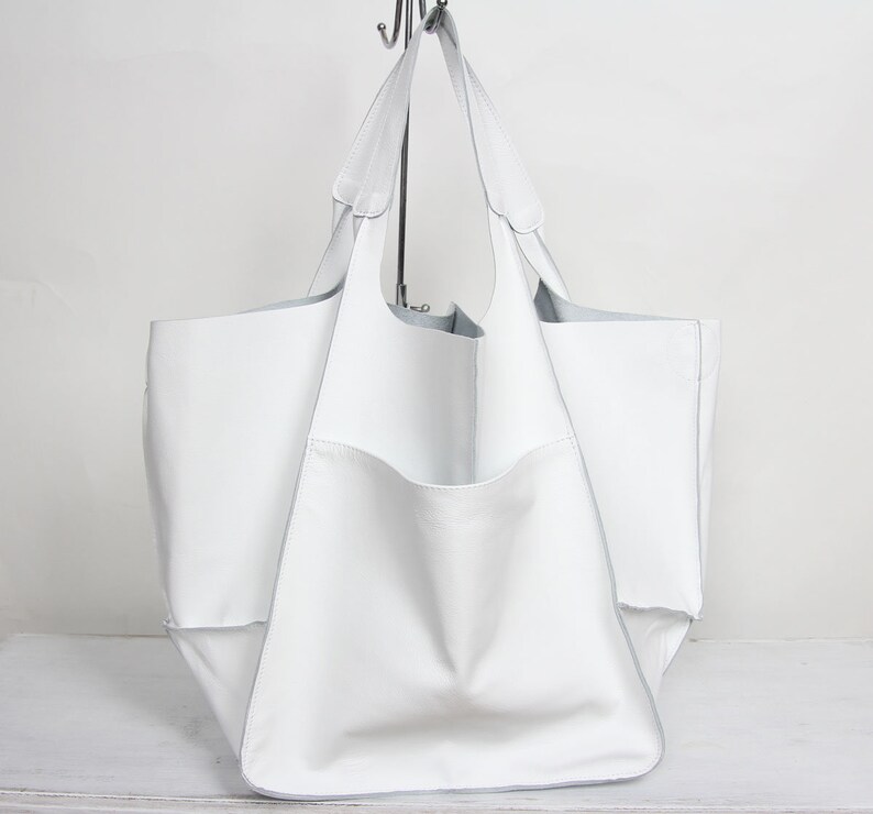WHITE LEATHER TOTE Bag Slouchy Tote Pure White Handbag for | Etsy