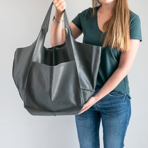 Gray LEATHER TOTE Bag, Large Slouchy Tote, Dark Grey Handbag for Women ...