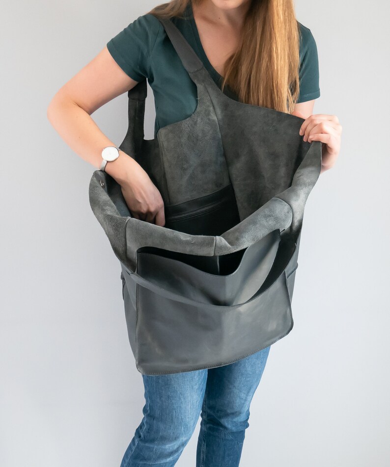 Gray LEATHER TOTE Bag Large Slouchy Tote Dark Grey Handbag | Etsy