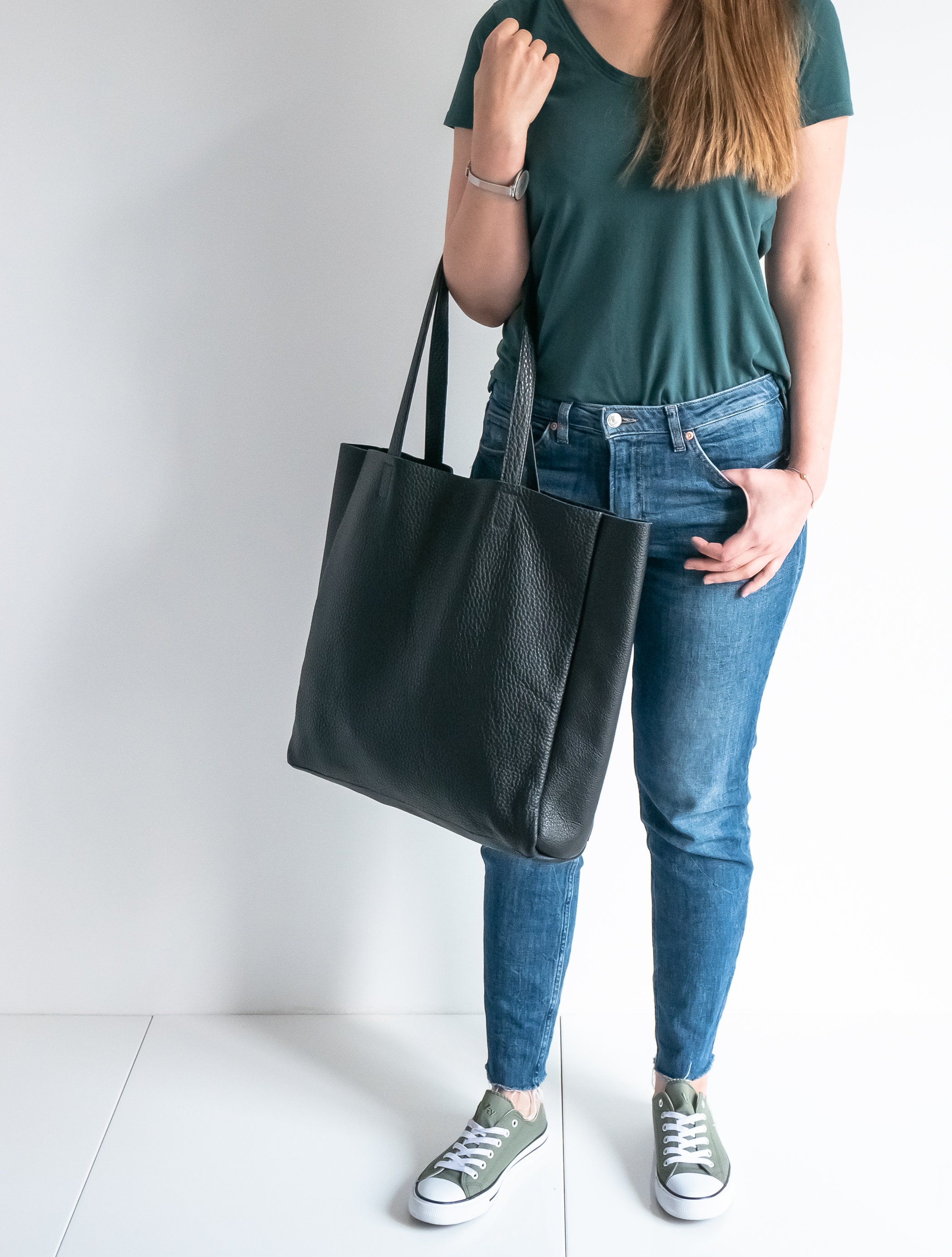 LARGE BLACK SHOPPER Bag Black Leather Shopper Big Tote Bag - Etsy