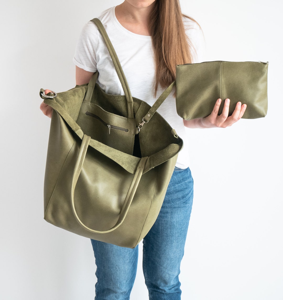 Green OVERSIZE SHOPPER Bag Olive Green Leather Shoulder Bag - Etsy