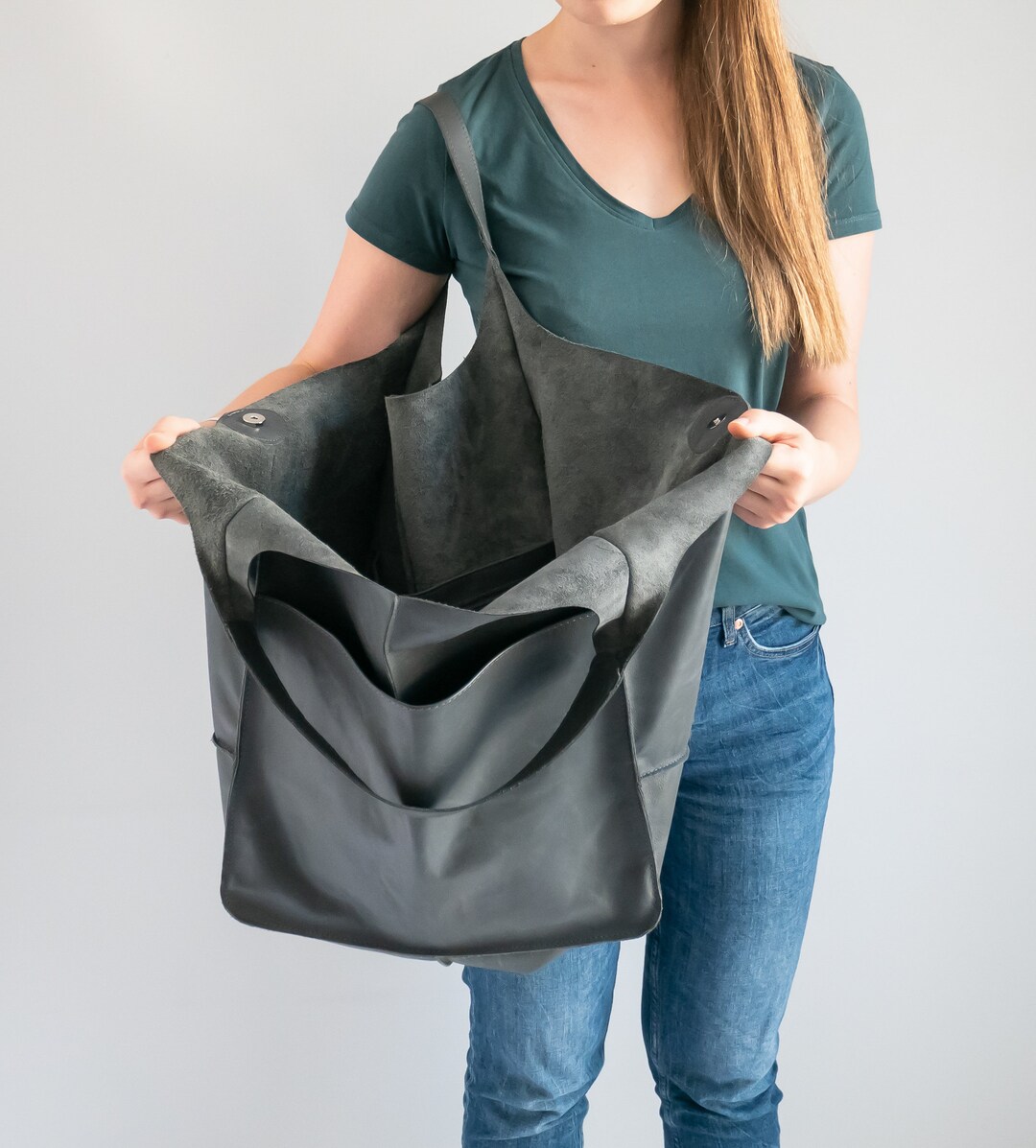 Weekender Oversized Bag, GRAY Large Leather Tote Bag, Slouchy Tote ...