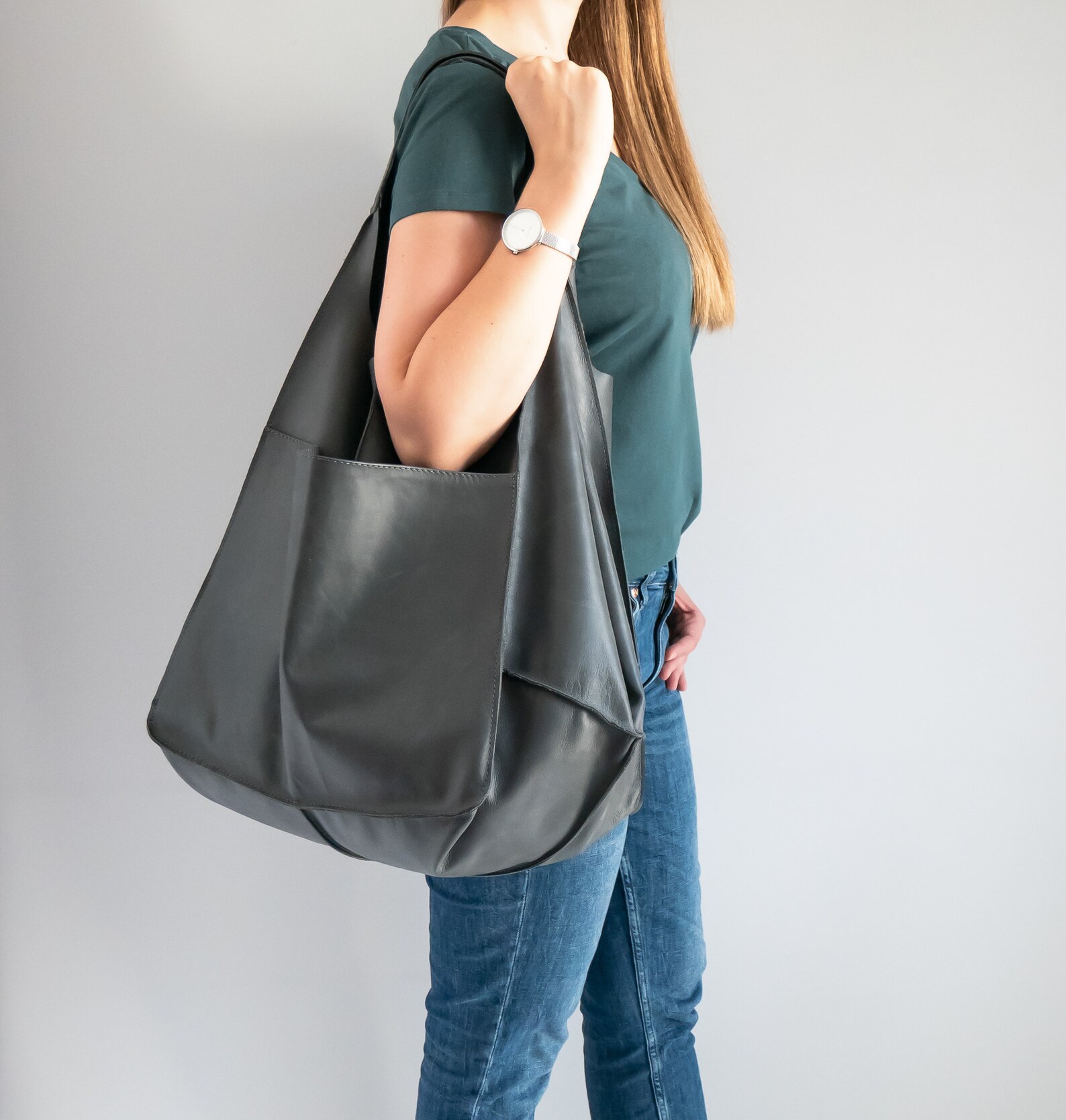 Gray LEATHER TOTE Bag Large Slouchy Tote Dark Grey Handbag | Etsy