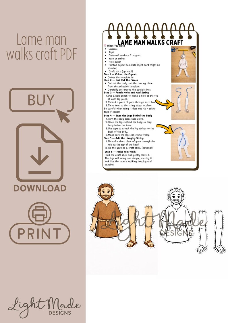Lame Man Walking Puppet Craft | Acts 3 Bible Story Activity (digital ...
