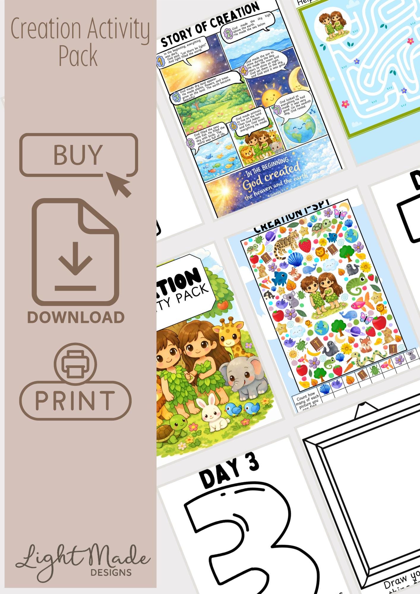 Creation Activity Pack for Kids | Sunday School Bible Worksheets | Days ...