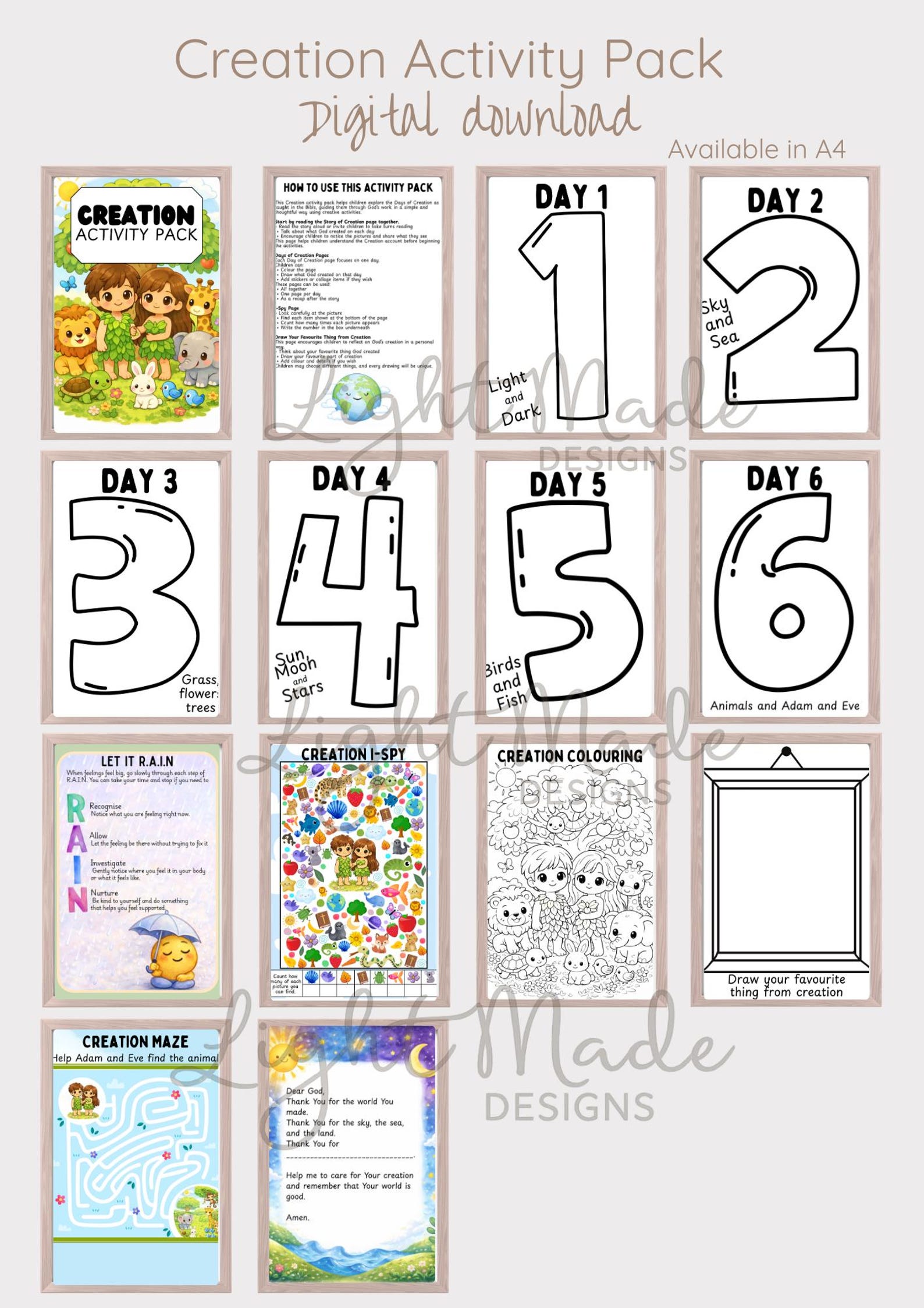 Creation Activity Pack for Kids | Sunday School Bible Worksheets | Days ...