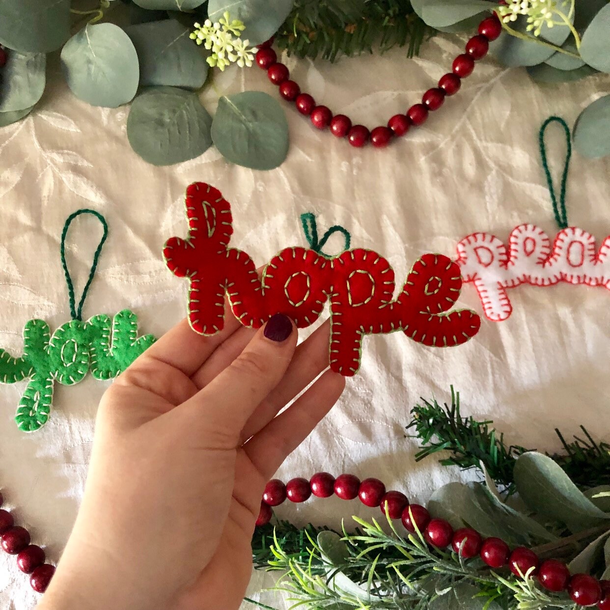 Felt Christmas Ornaments: Peace, Hope, Joy Word Signs, Hand Stitched ...