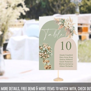 Editable Boho Teddy Bear Table Number Sign Sage Pampas - Etsy