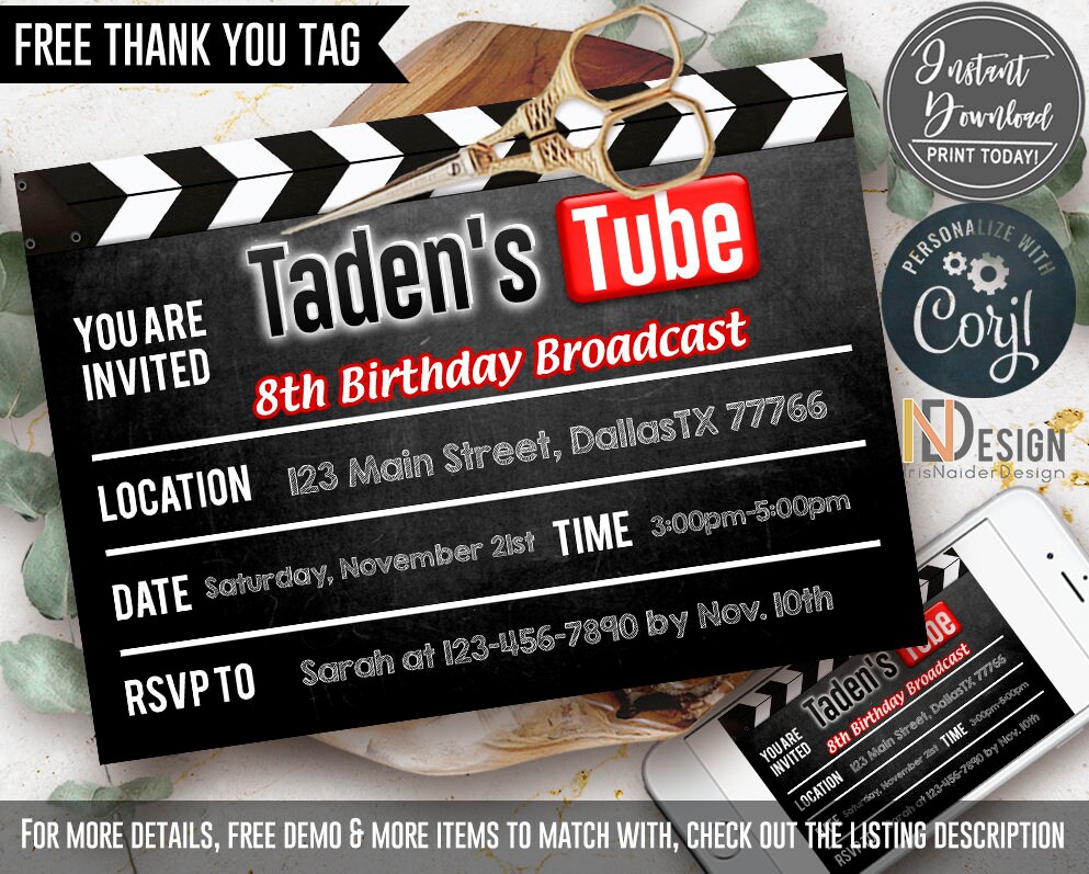 SELF EDITABLE Youtube Invitation FREE Thank You Tag Birthday - Etsy