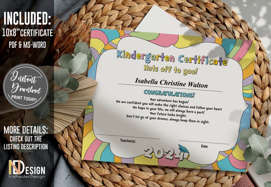 Kindergarten Diploma, 2024 Certificate, Rainbow, Pastel Colors, Kinder ...