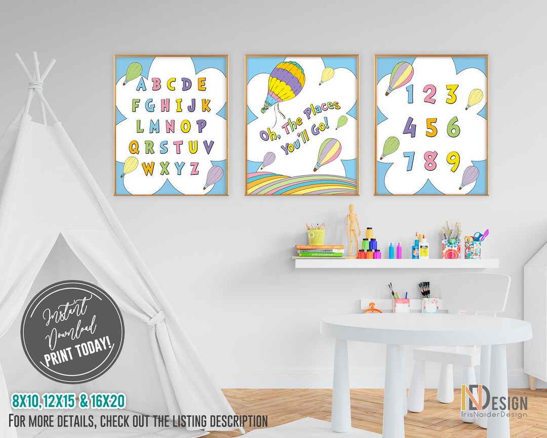 3 Hot Air Balloon Wall Decor, Rainbow, Pastel Colors, ABC, 123, Wall ...