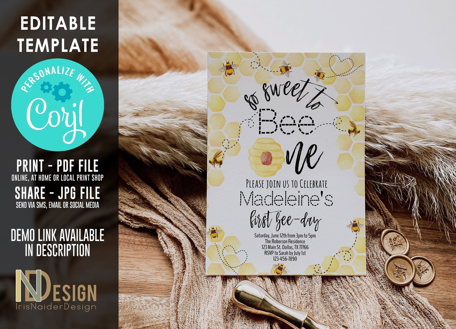 EDITABLE First Bee-day Bee Invitation Honey Sweet to Bee - Etsy