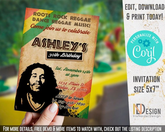 SELF EDITABLE Reggae Birthday invitation, Rasta, Jamaican, Rastafari ...