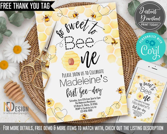 EDITABLE First Bee-day Bee Invitation, honey, sweet to bee one ...