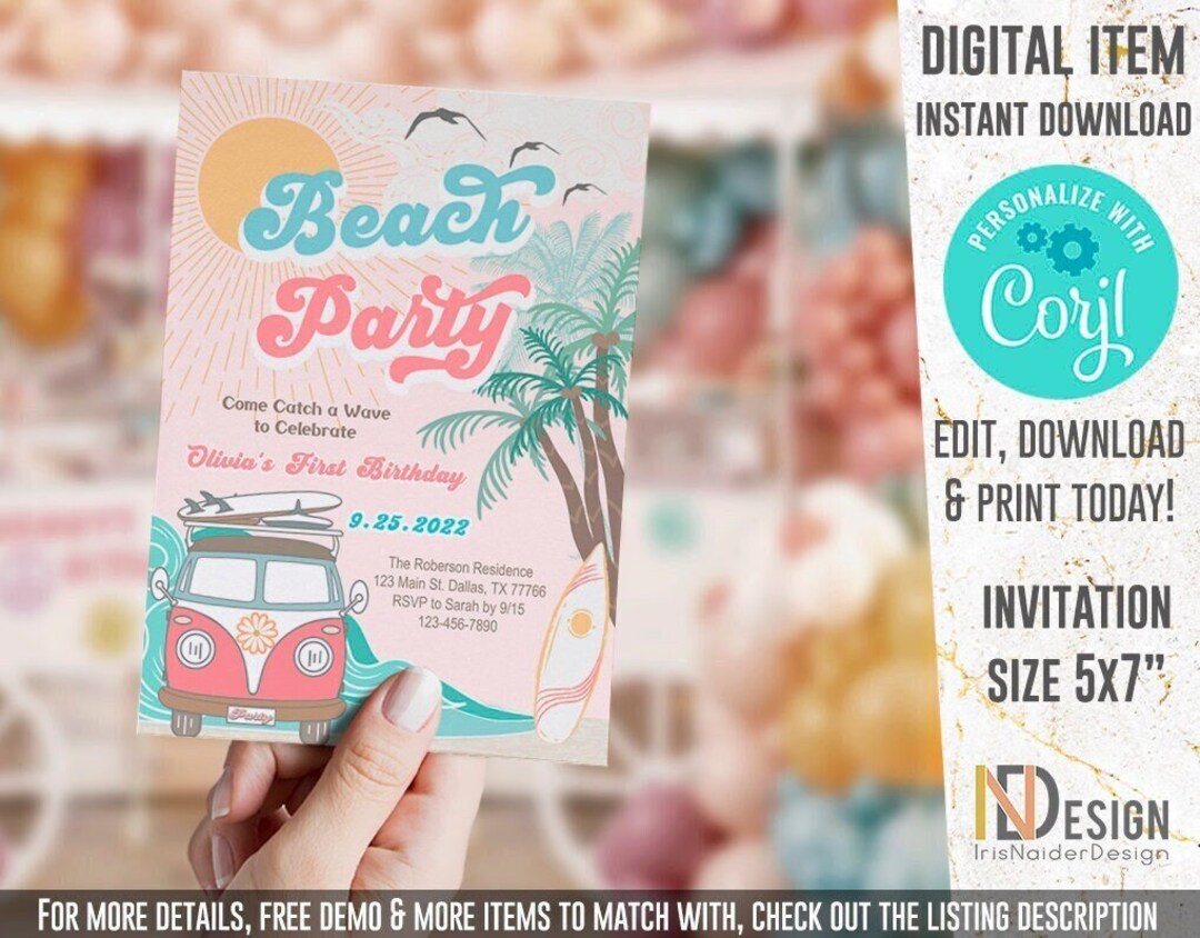 Beach Party Invitation, Girl Birthday Invitation, Surf's Up, Summer ...