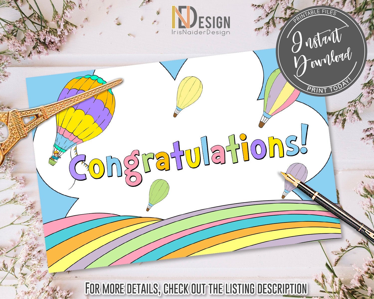 Congratulations card pastel colors hot air balloon | Etsy