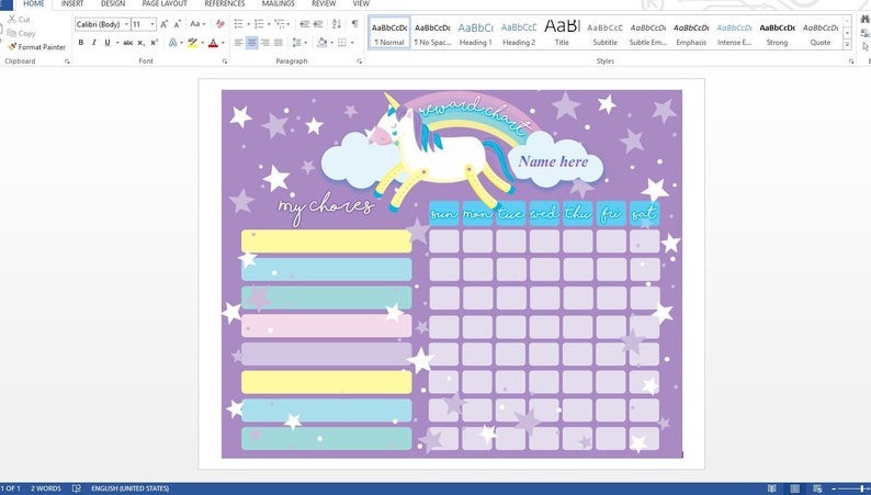Unicorn Chore Chart Unicorn Reward Chart Weekly Chart | Etsy