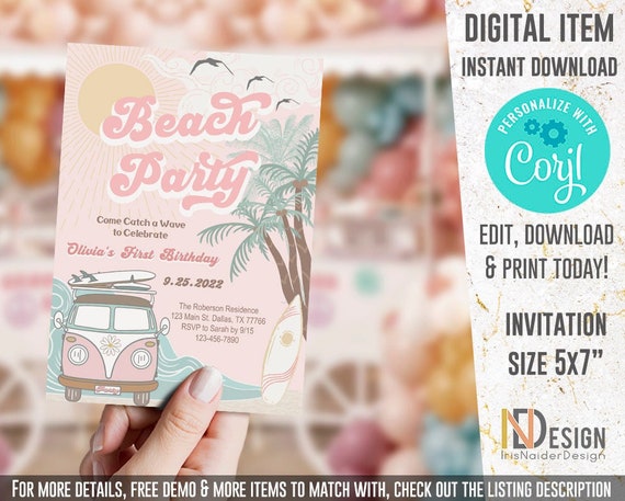 Editable Beach Party Invitation, Girl Birthday Invitation, summer party ...