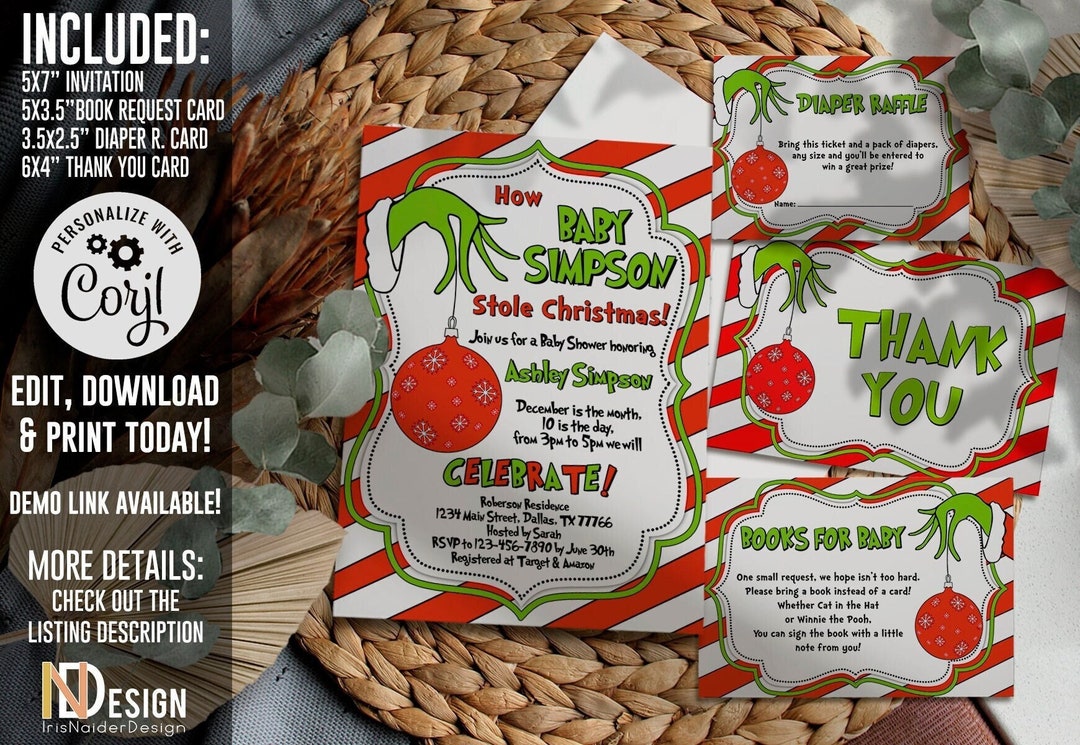 Christmas Baby Shower Invitation Set, Red Green Baby Shower, Cartoon ...
