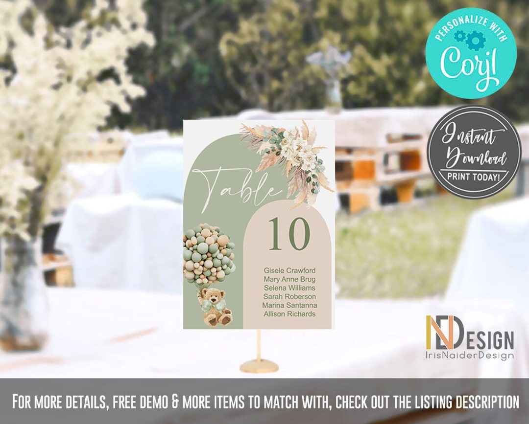 Editable Boho Teddy Bear Table Number Sign Sage Pampas - Etsy