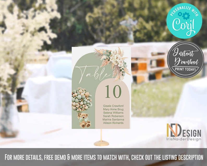 Editable Boho Teddy Bear Table Number Sign Sage Pampas - Etsy