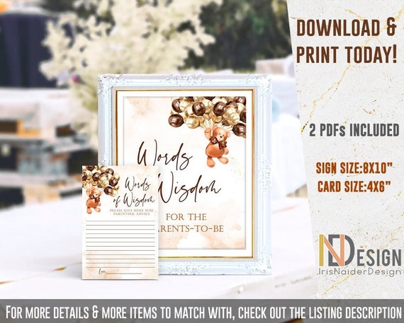 Teddy Bear Words of Wisdom Card and Sign Advice Baby Shower - Etsy