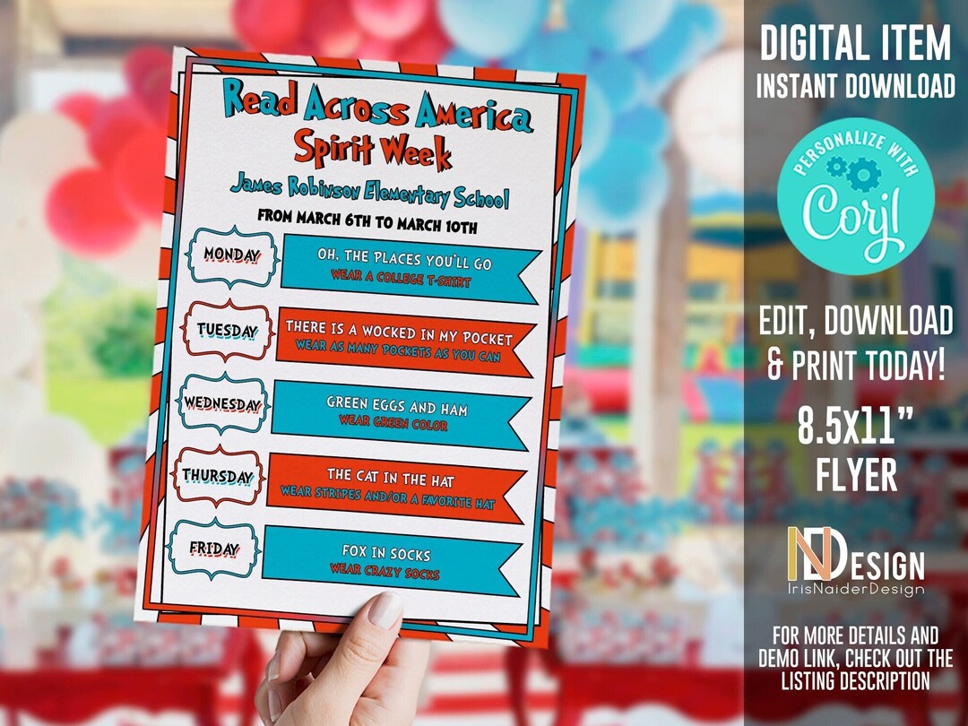 EDITABLE Read Across America Spirit Week Flyer, Reading Week, PTO ...