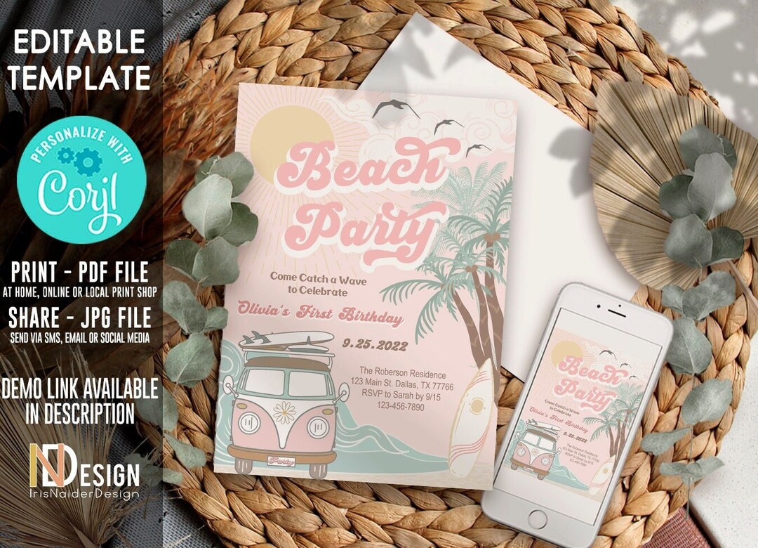 Editable Beach Party Invitation, Girl Birthday Invitation, Surf's Up ...