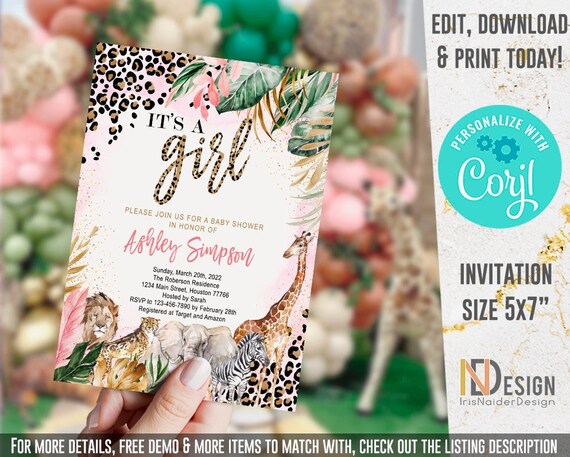 EDITABLE Leopard Baby Shower Invitation Girl Safari - Etsy