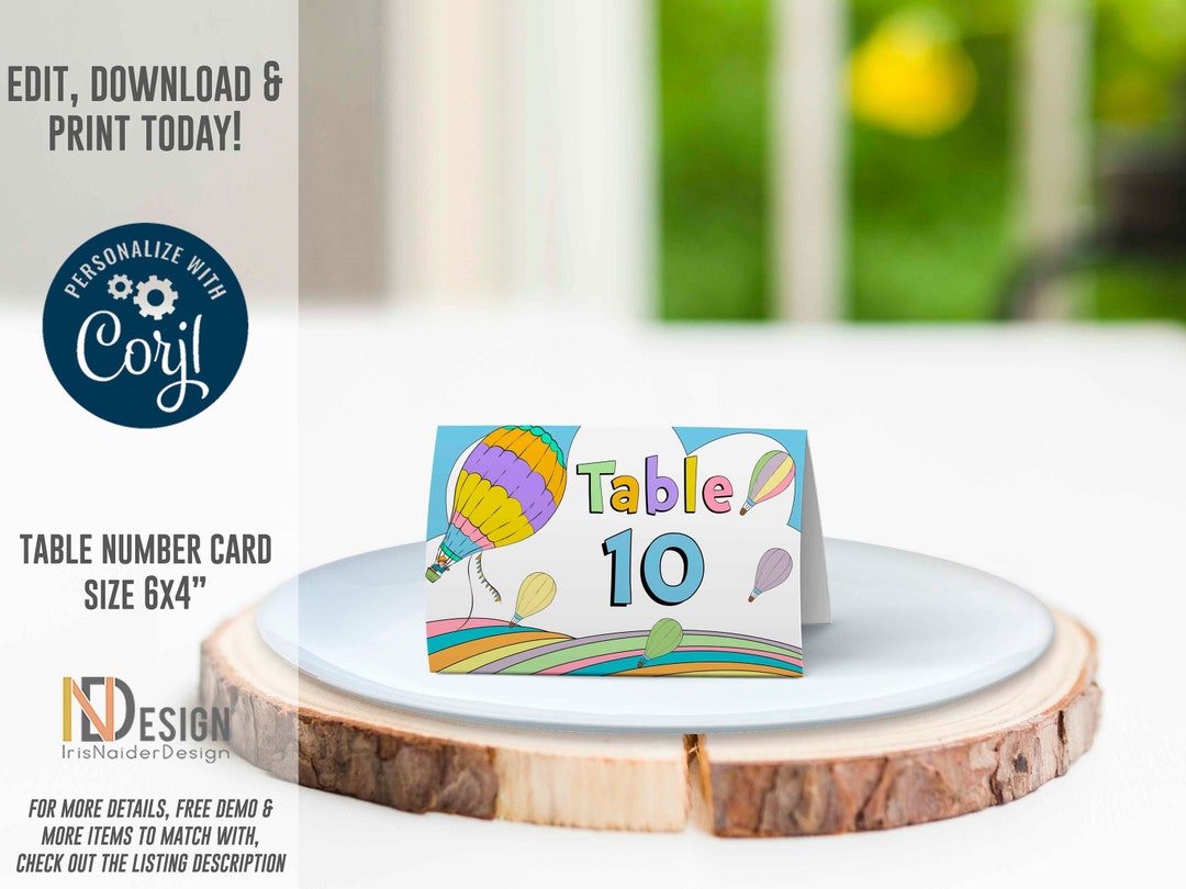Editable Hot Air Balloon Table Number Sign, Rainbow, Baby Shower, Oh ...