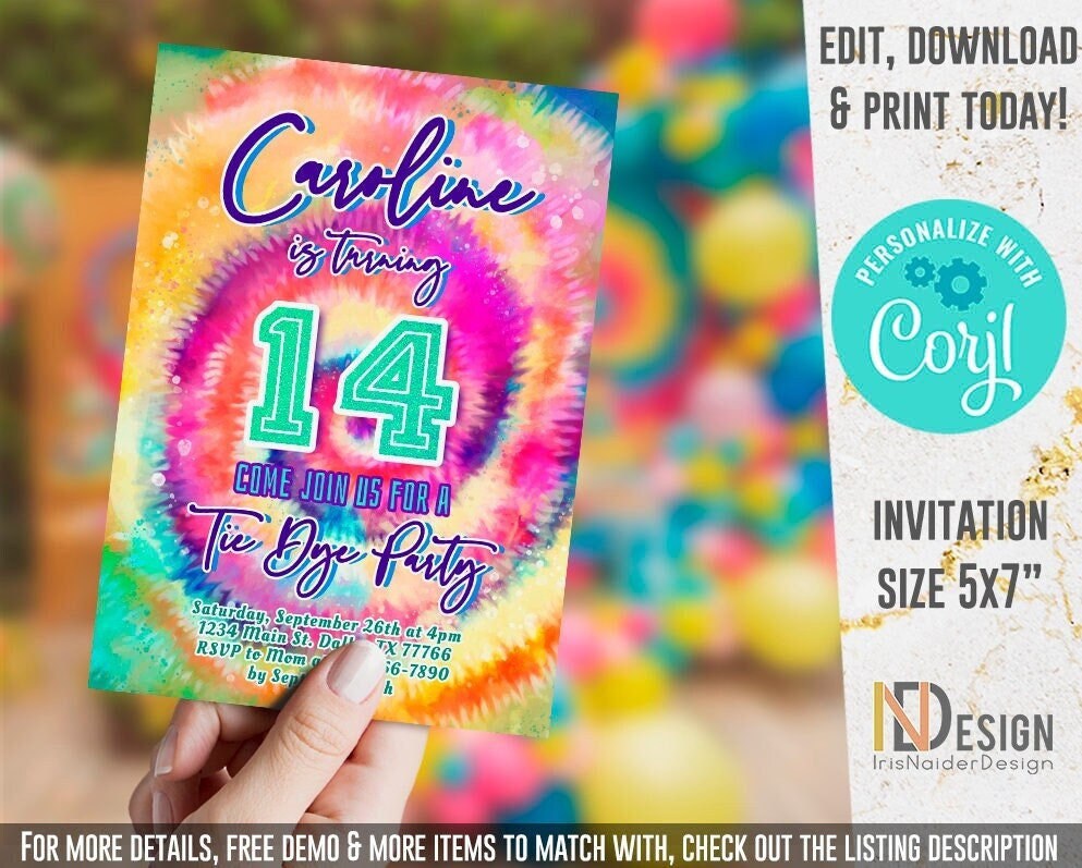 EDITABLE Tie Dye Invitation FREE Thank You Tag Birthday - Etsy