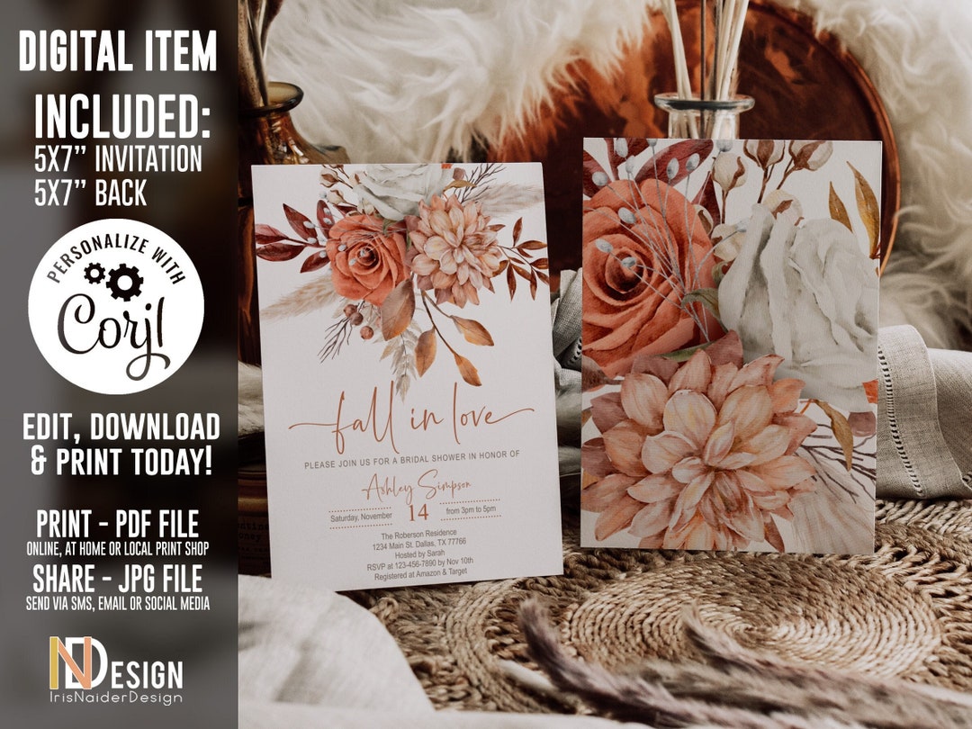 Fall in Love Floral Wedding Invitation, Fall Bridal Shower Template ...