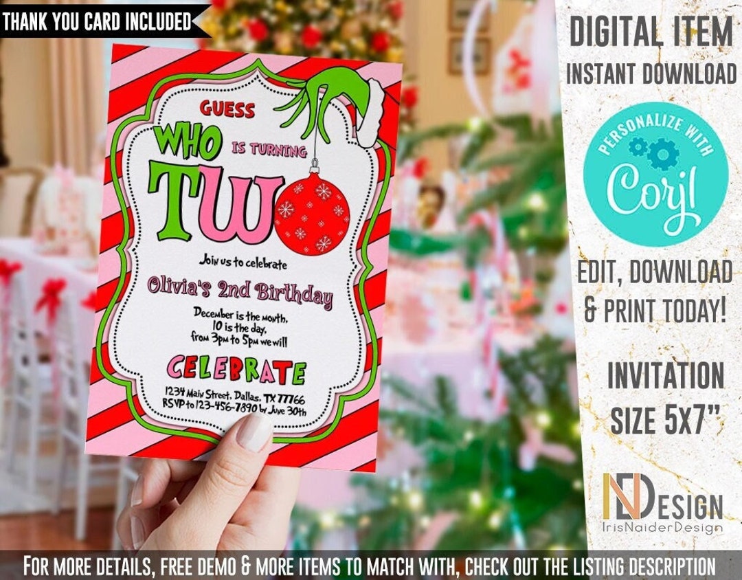 Christmas 2nd Birthday Invitation, Two Mean, Red Green Birthday ...