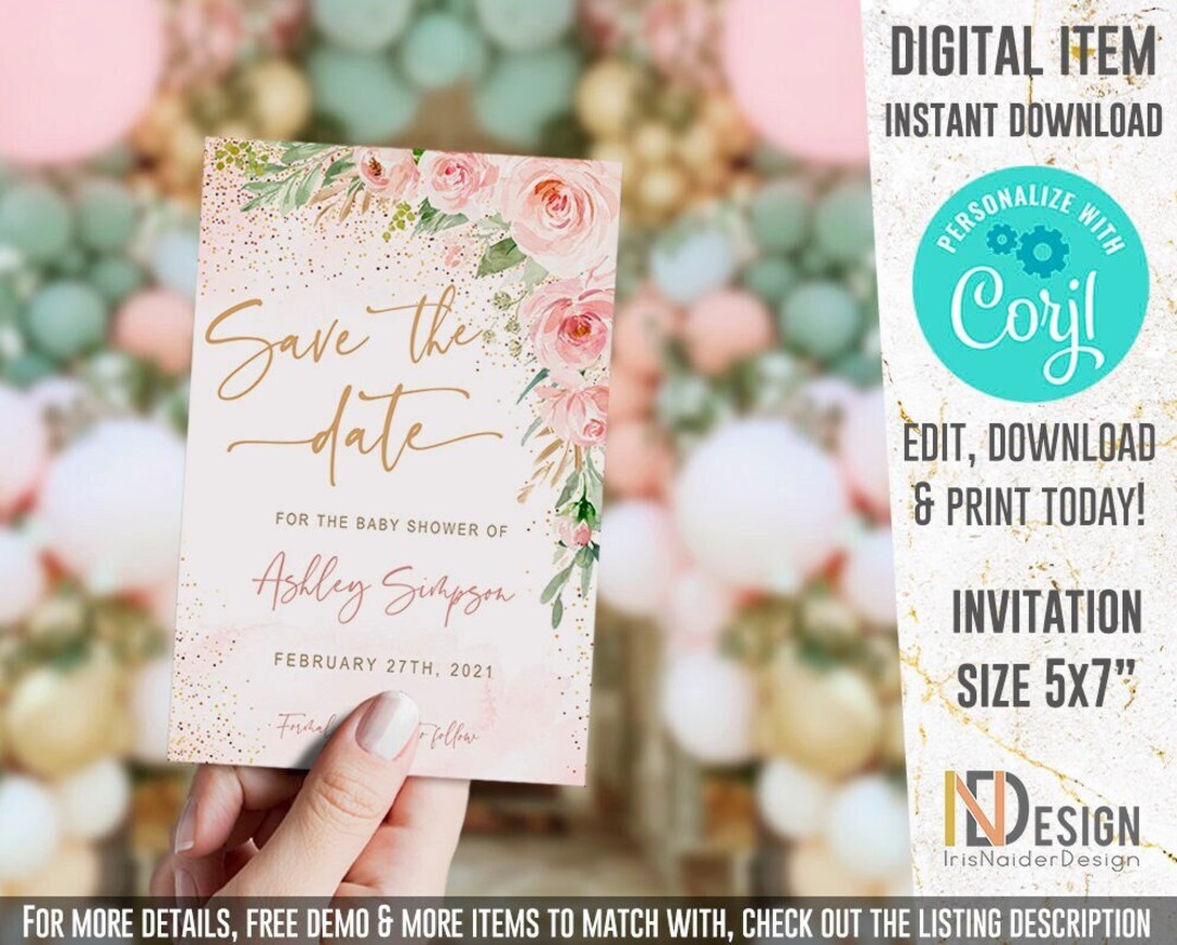 EDITABLE Blush Pink Save the Date Card, Baby Shower Girl, Pink Floral ...