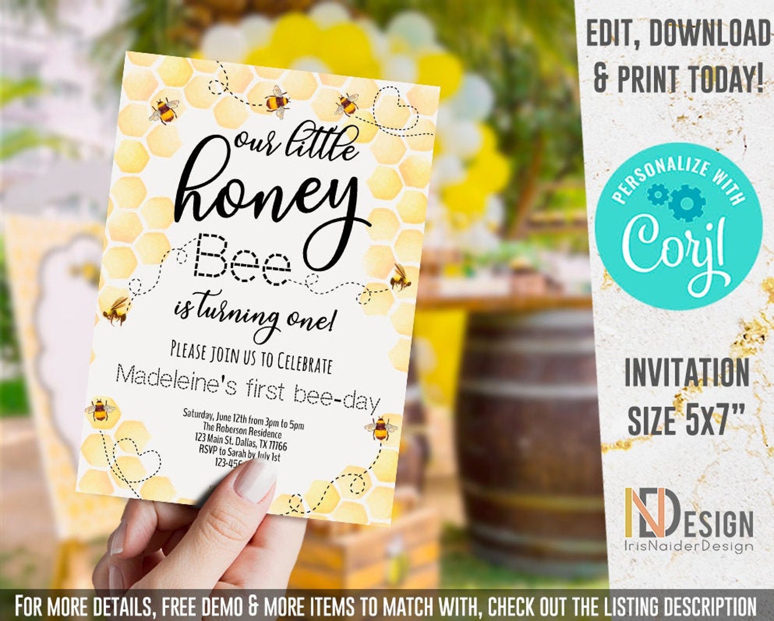 EDITABLE First Bee-day Bee Invitation Little Honey Sweet to - Etsy