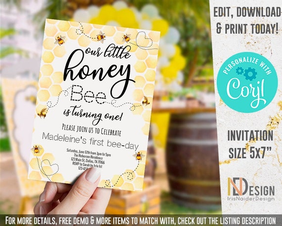 EDITABLE First Bee-day Bee Invitation, little honey, sweet to bee ...