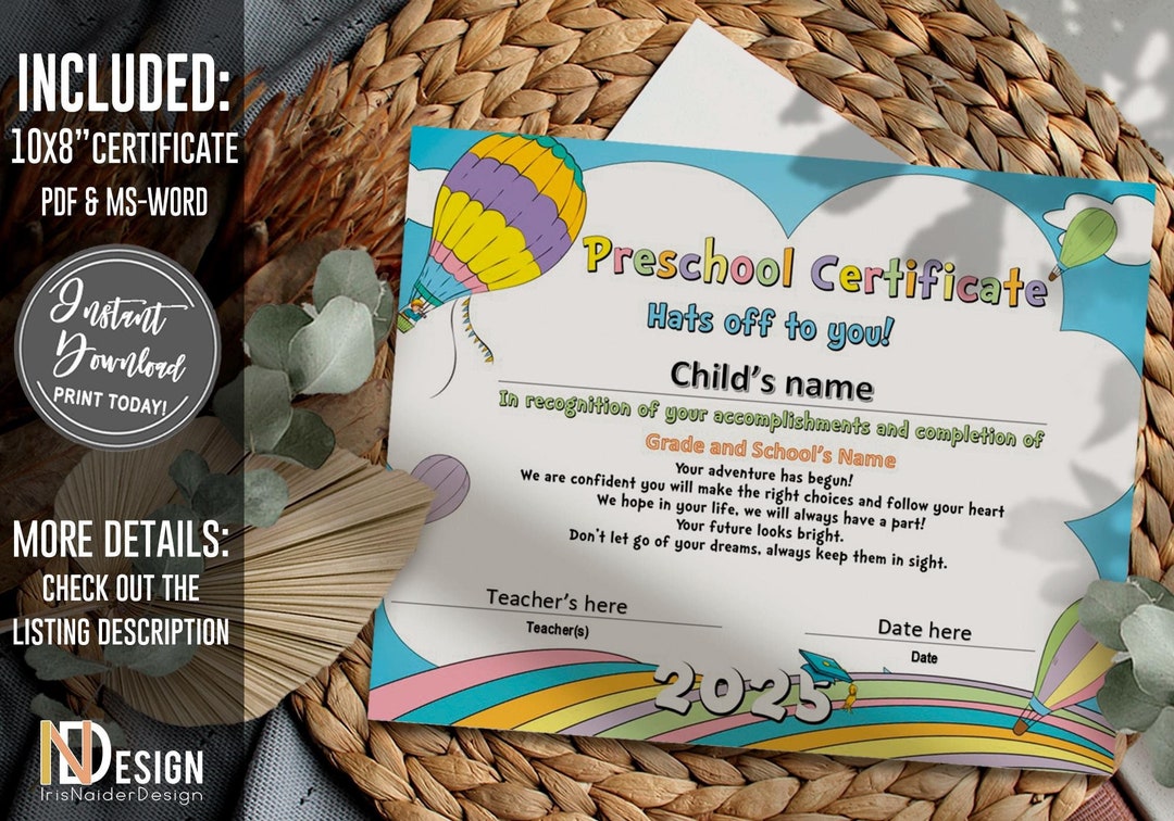 Preschool Diploma, 2025 Certificate, Rainbow, Pastel Colors, Preschool ...