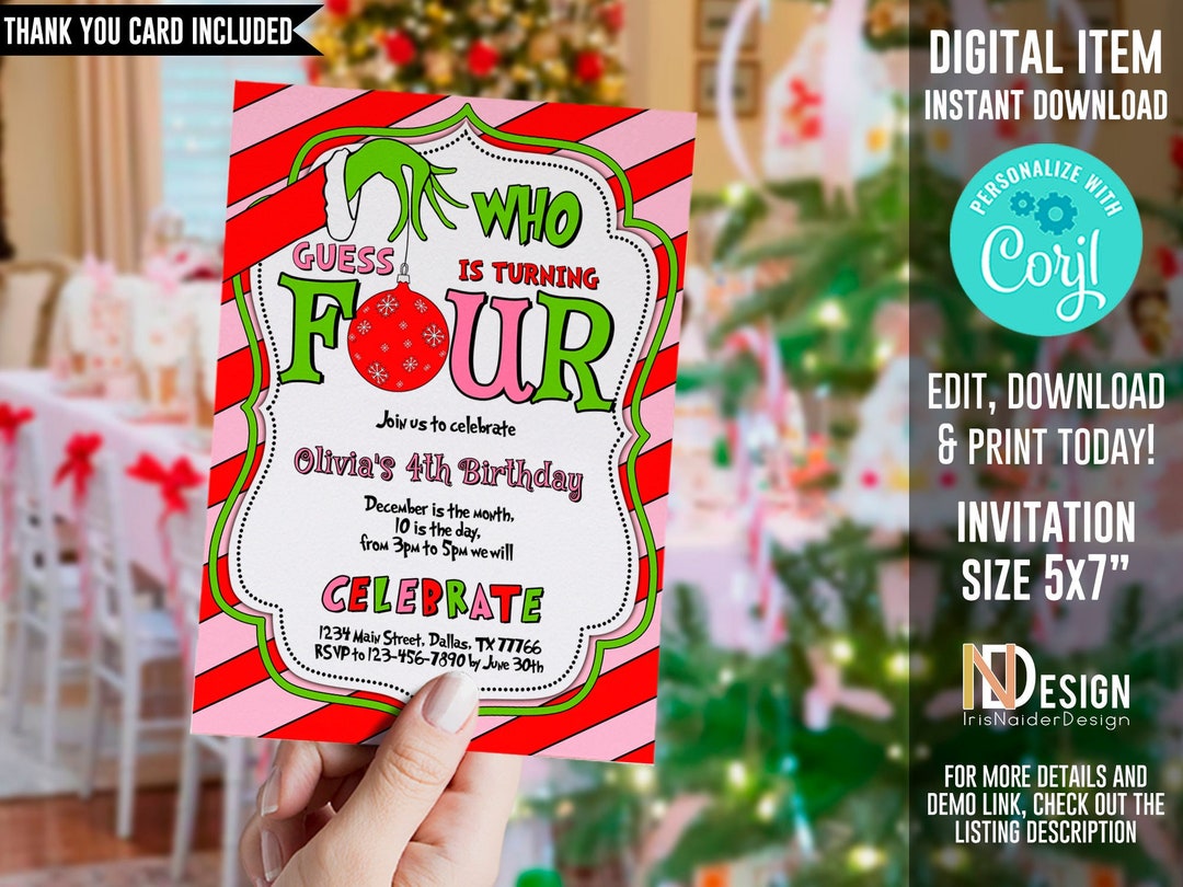 Editable Christmas 4th Birthday Invitation, Guess Who, Red Green ...