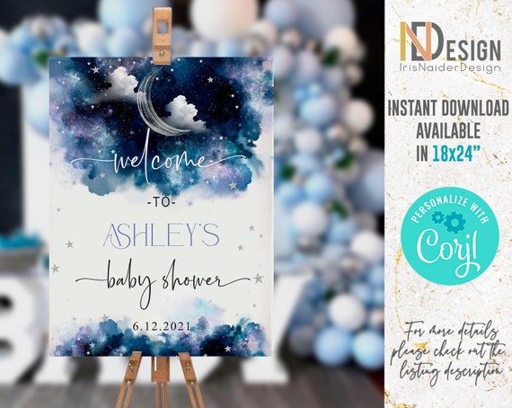 EDITABLE We are Over the Moon Welcome Sign, baby shower, sky, stars ...