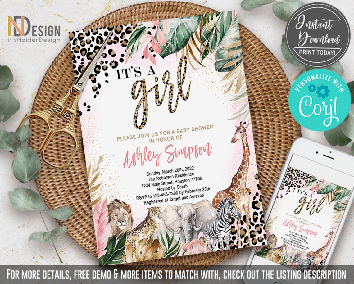 EDITABLE Leopard Baby Shower Invitation Girl Safari - Etsy