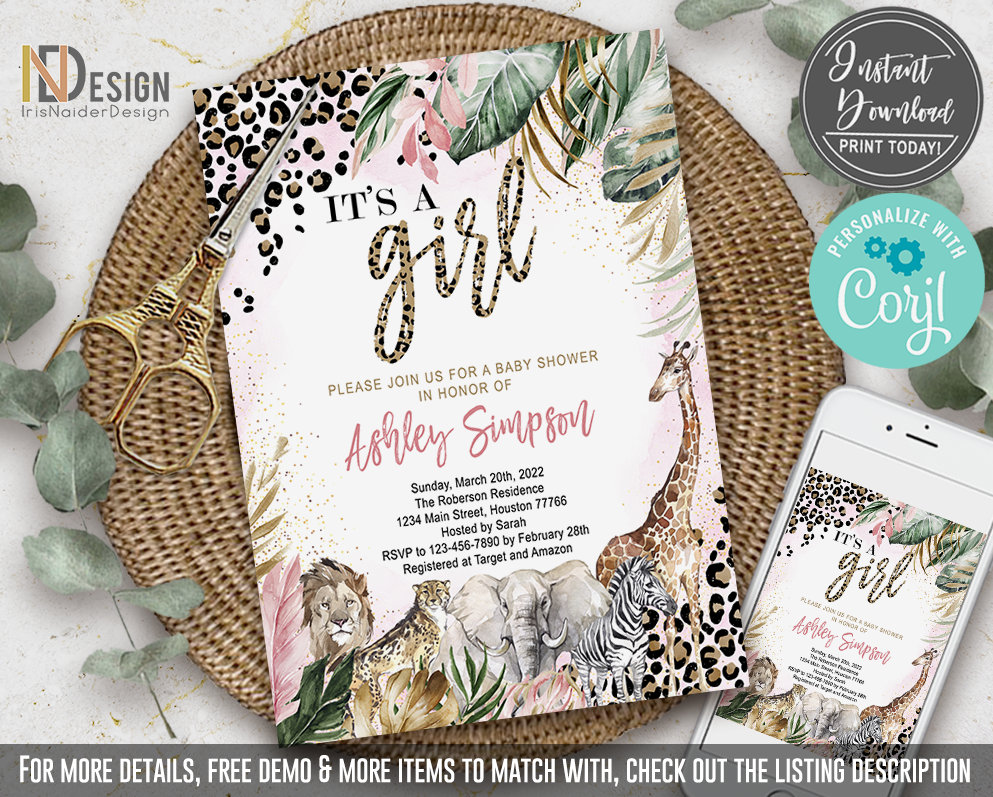EDITABLE Leopard Baby Shower Invitation Girl Safari - Etsy